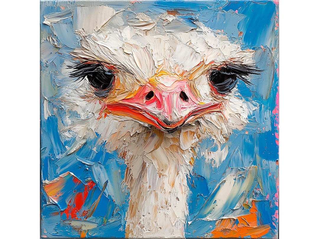 Ostrich Oil Painting: Colorful Impasto Animal Portrait, Textured Canvas ...