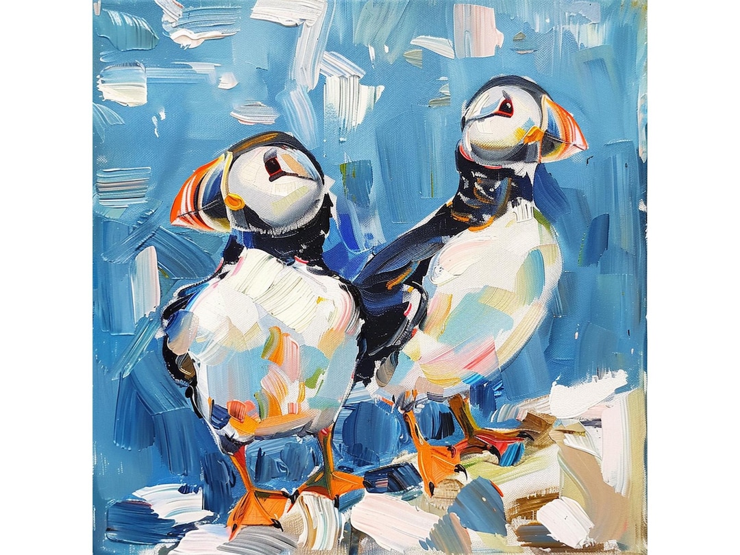 Puffin Oil Painting on Canvas Couple Animals Original Fine Art Wild ...