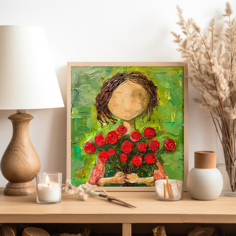 Girl Portrait Oil Painting Rose Flowers Original Art Woman Portrait ...