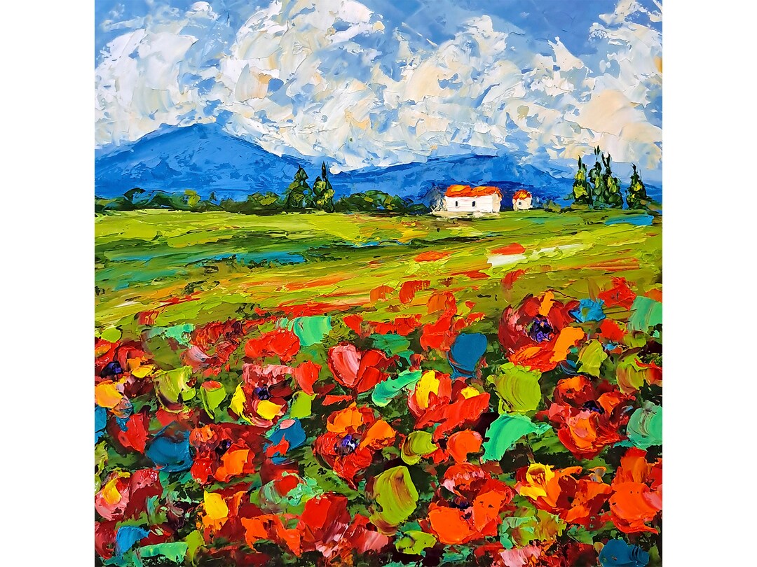 Tuscany Painting Red Poppy Fields Original Art Italy Landscape Impasto ...