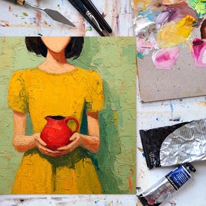 Girl Holding Red Pitcher Naive Style Oil Painting Modern Figurative Art ...