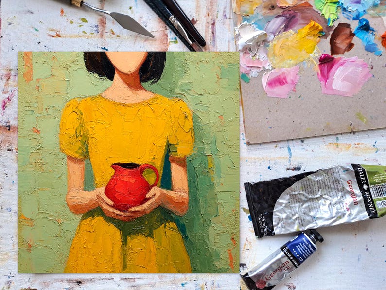 Girl Holding Red Pitcher Naive Style Oil Painting Modern Figurative Art ...