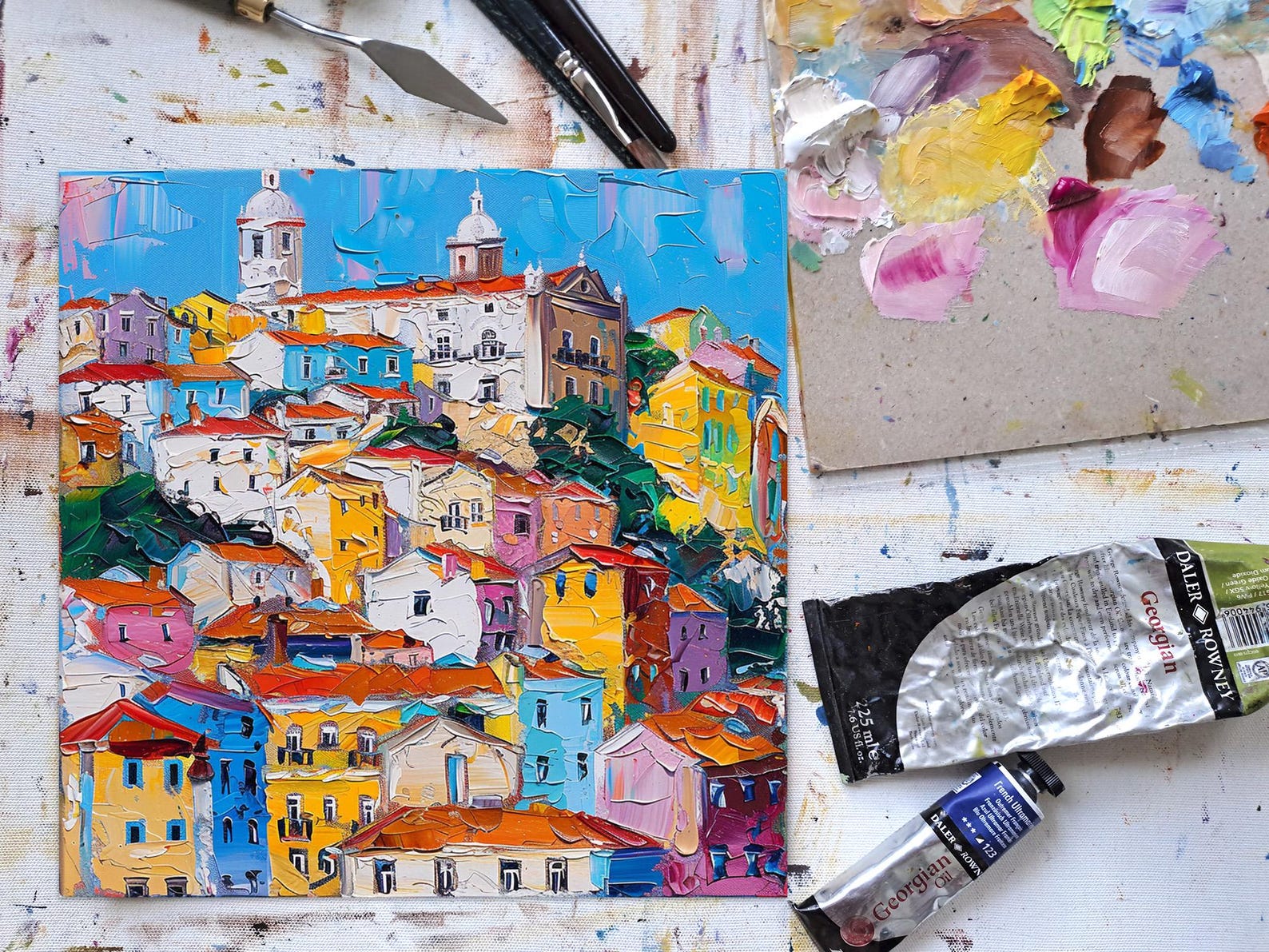 Lisbon Cityscape Painting: Portugal Impasto Canvas Art (20x20 In) - Etsy