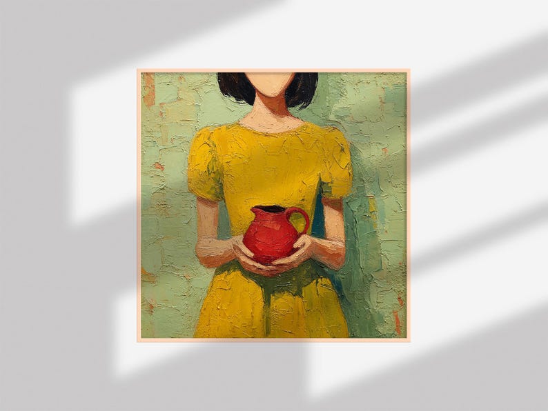Girl Holding Red Pitcher Naive Style Oil Painting Modern Figurative Art ...
