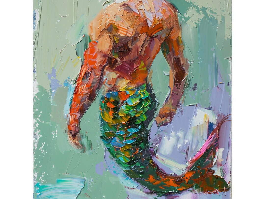 Mermaid Man Oil Painting: Original Impasto Fine Art (10x10 In) - Etsy