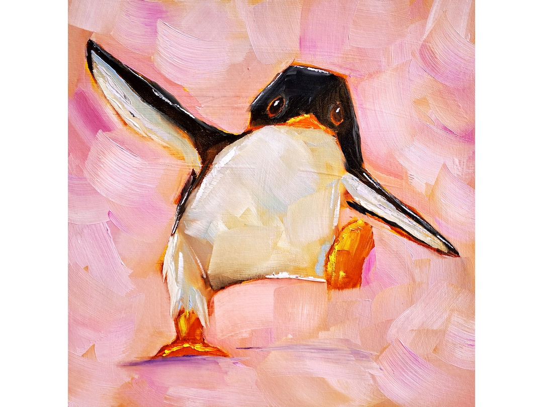 Penguin Painting Animal Original Art Bird Oil Painting Penguin Cub ...