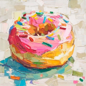 Donut Oil Painting on Canvas Colorful Dessert Art Pink Frosting Wall Decor Kitchen Artwork Food ...