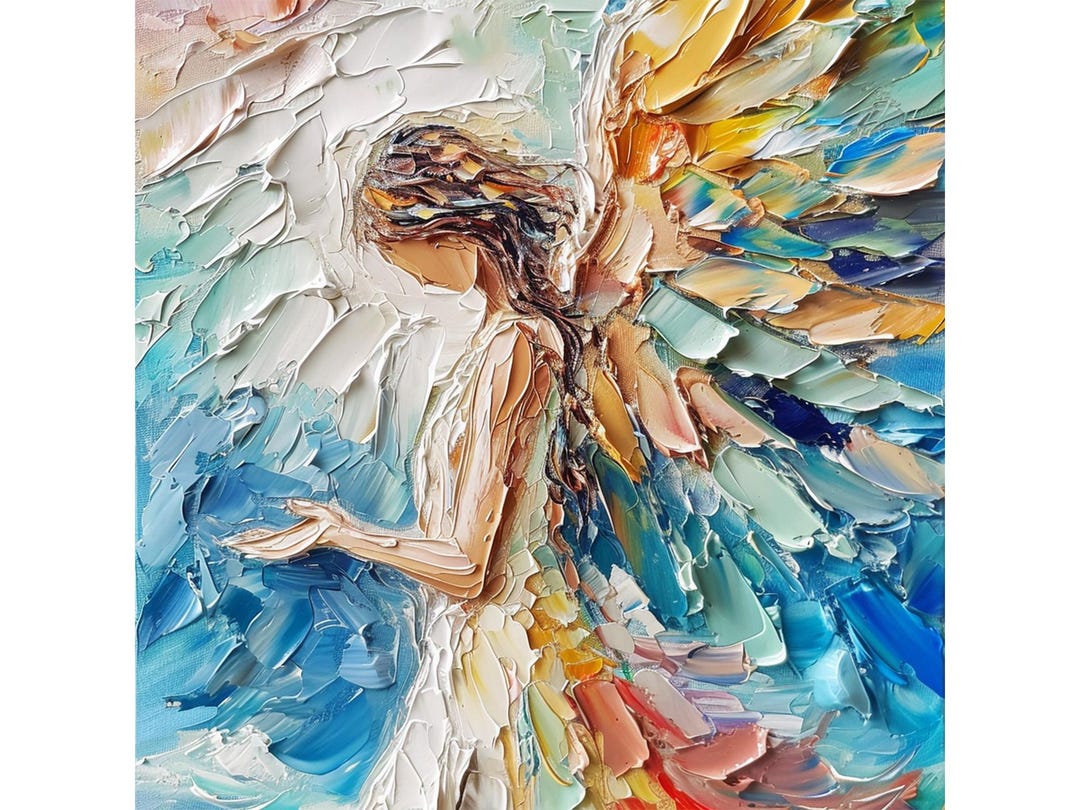 Angel Canvas Art Angel Wings Impasto Artwork Naive Style Large Wall Art ...