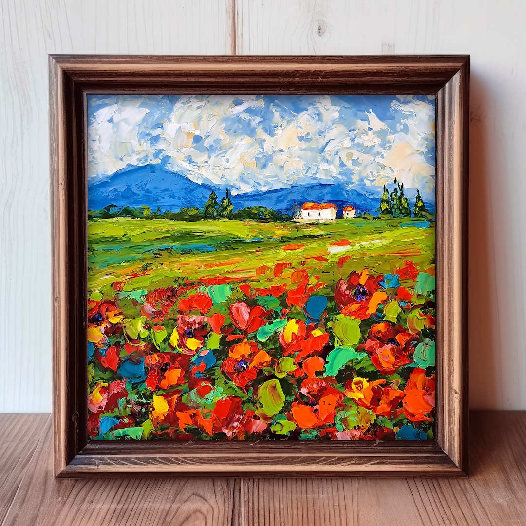 Tuscany Painting Red Poppy Fields Original Art Italy Landscape Impasto ...
