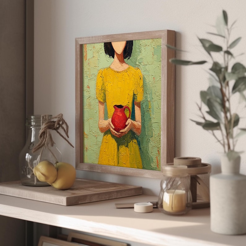 Girl Holding Red Pitcher Naive Style Oil Painting Modern Figurative Art ...