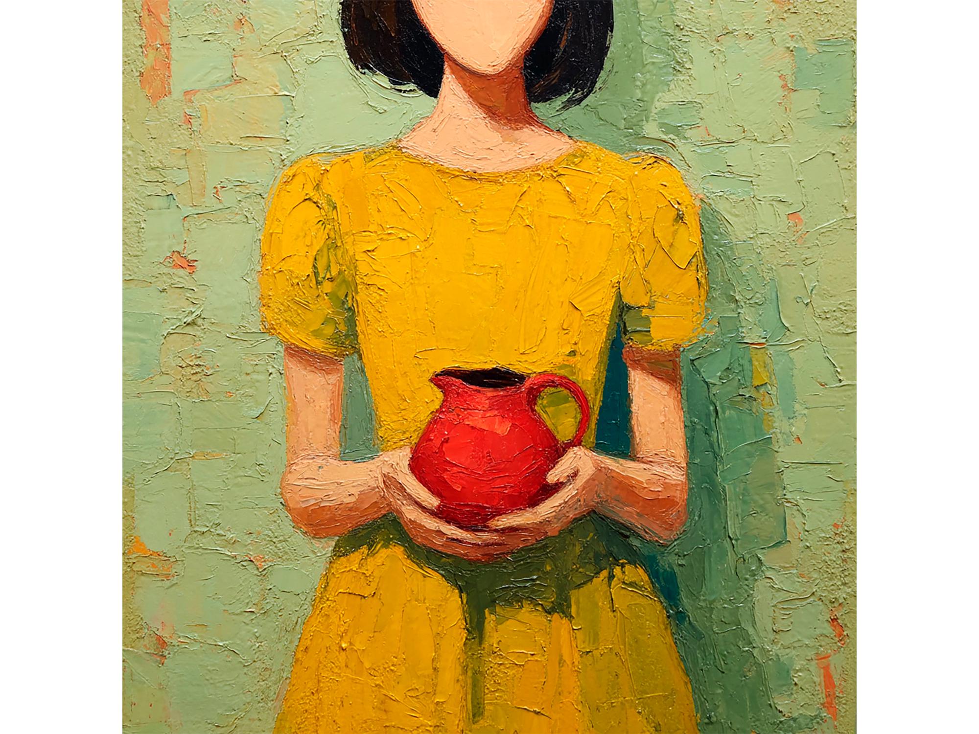 Girl Holding Red Pitcher Naive Style Oil Painting Modern Figurative Art ...