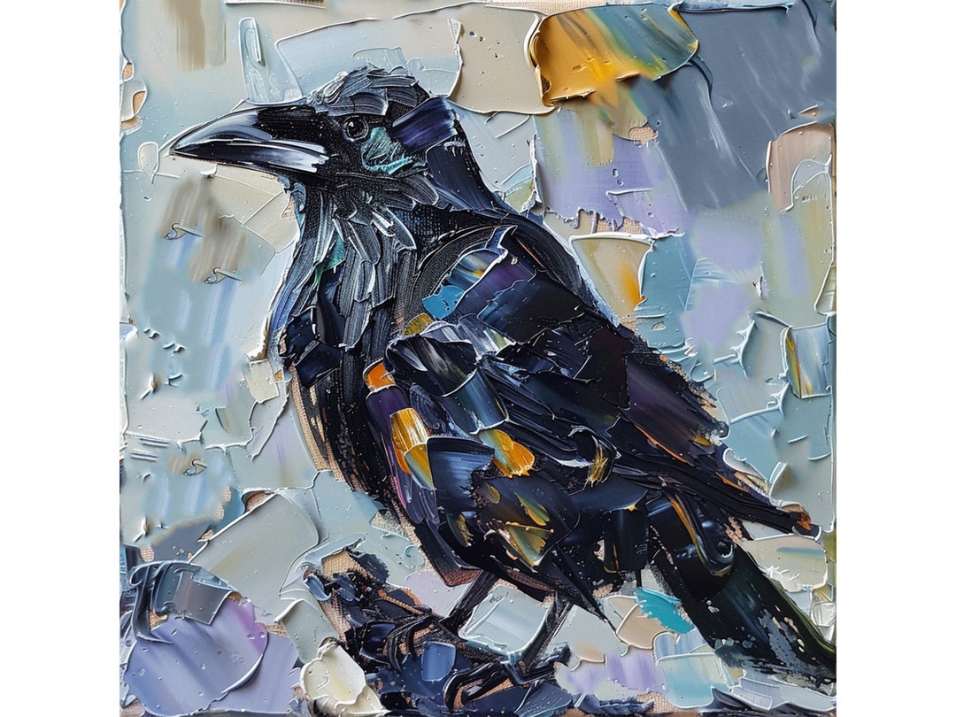 Raven Oil Painting Bird Impasto Original Art Black Crow Wall Art Decor ...