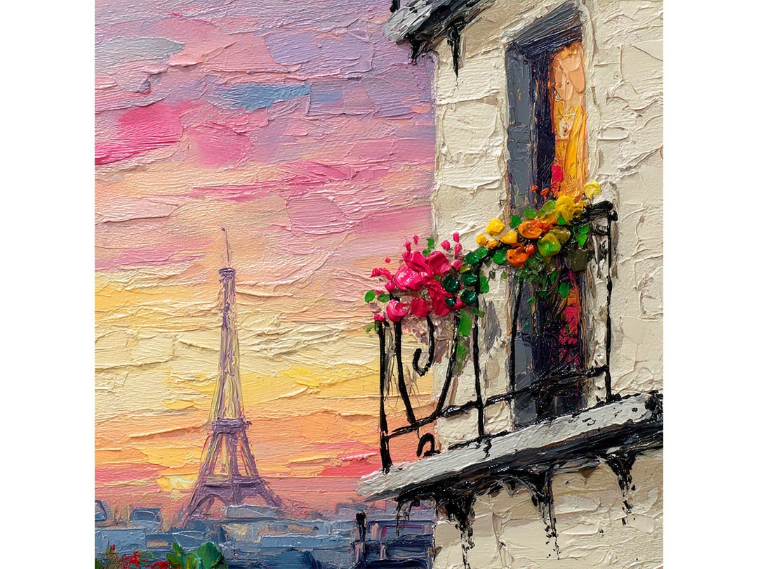 Paris Balcony Oil Painting Impasto Wall Art Textured Eiffel Tower ...