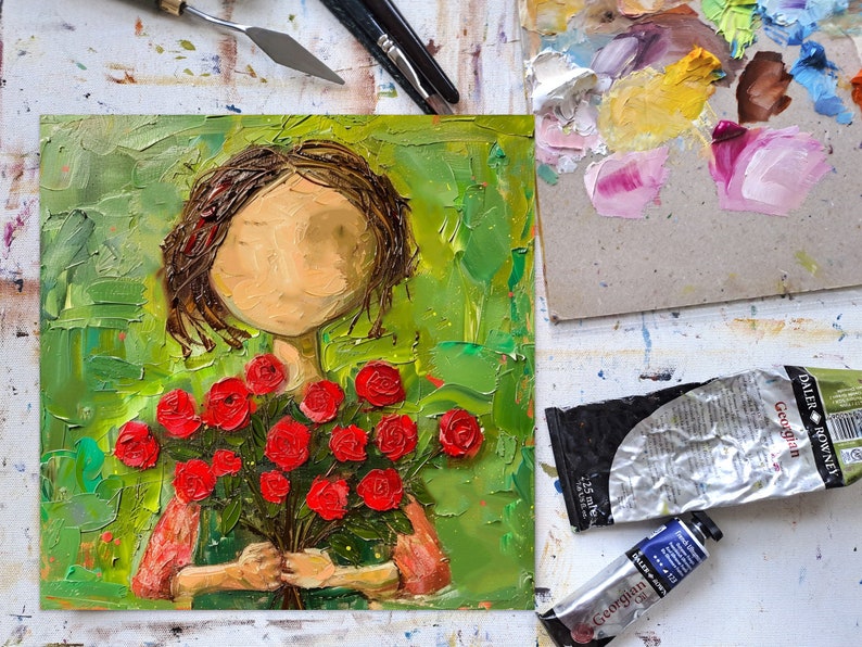 Girl Portrait Oil Painting Rose Flowers Original Art Woman Portrait ...
