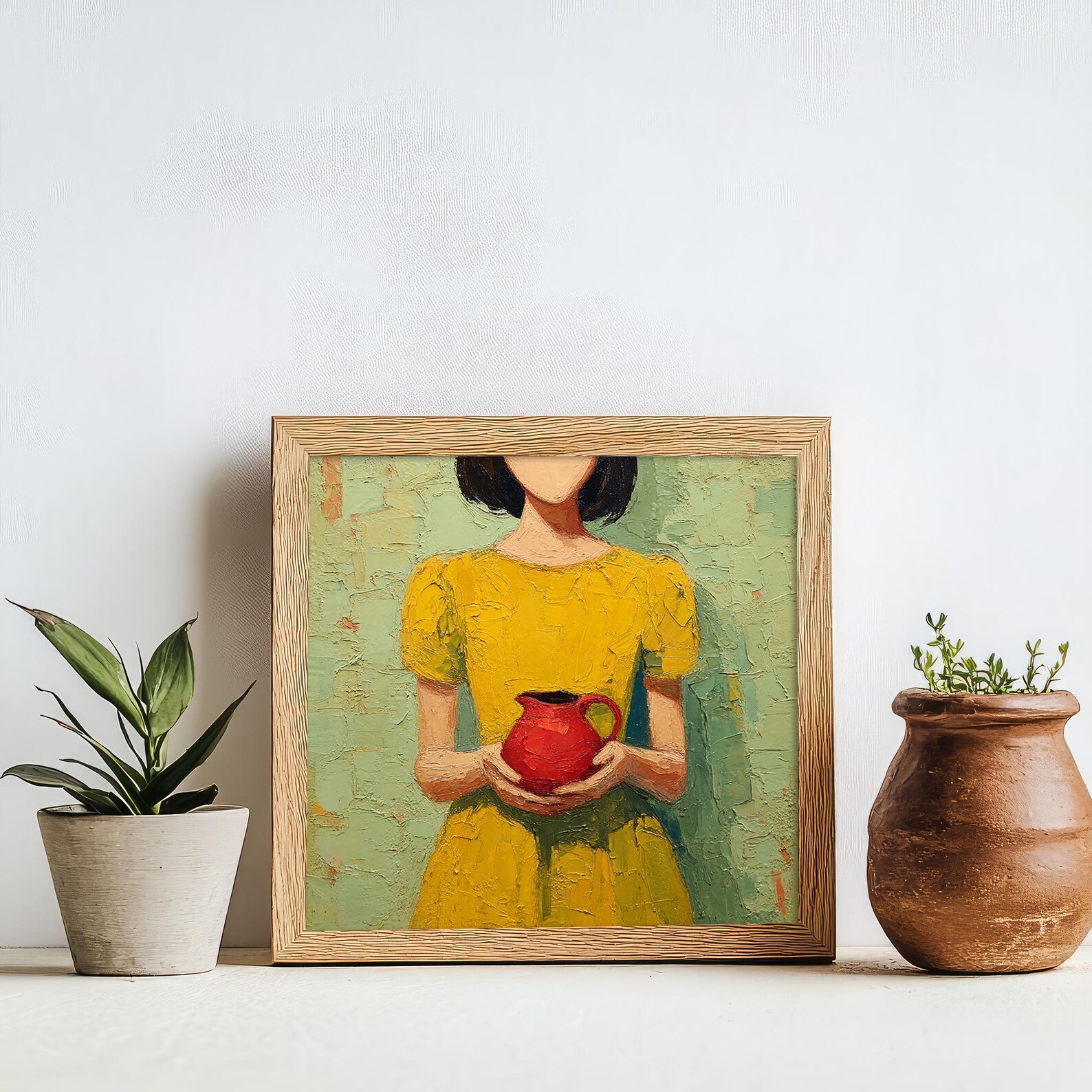 Girl Holding Red Pitcher Naive Style Oil Painting Modern Figurative Art ...