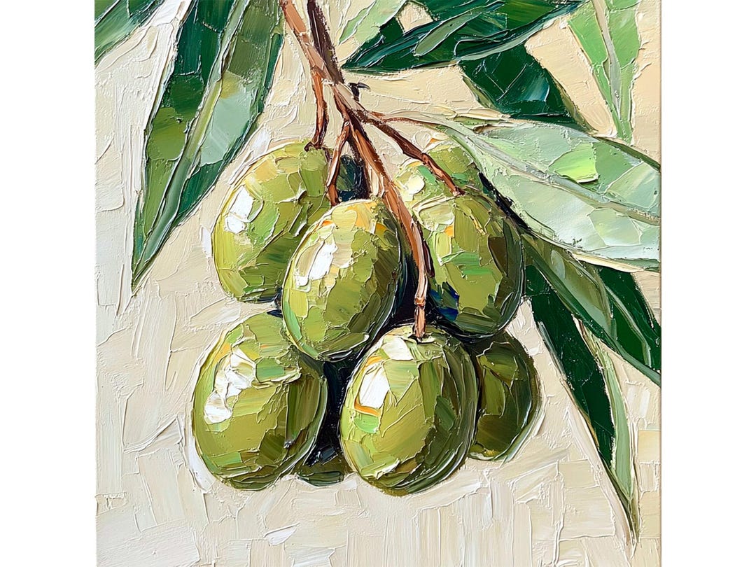 Olive Branch Painting on Canvas Green Olives Impasto Art Mediterranean ...