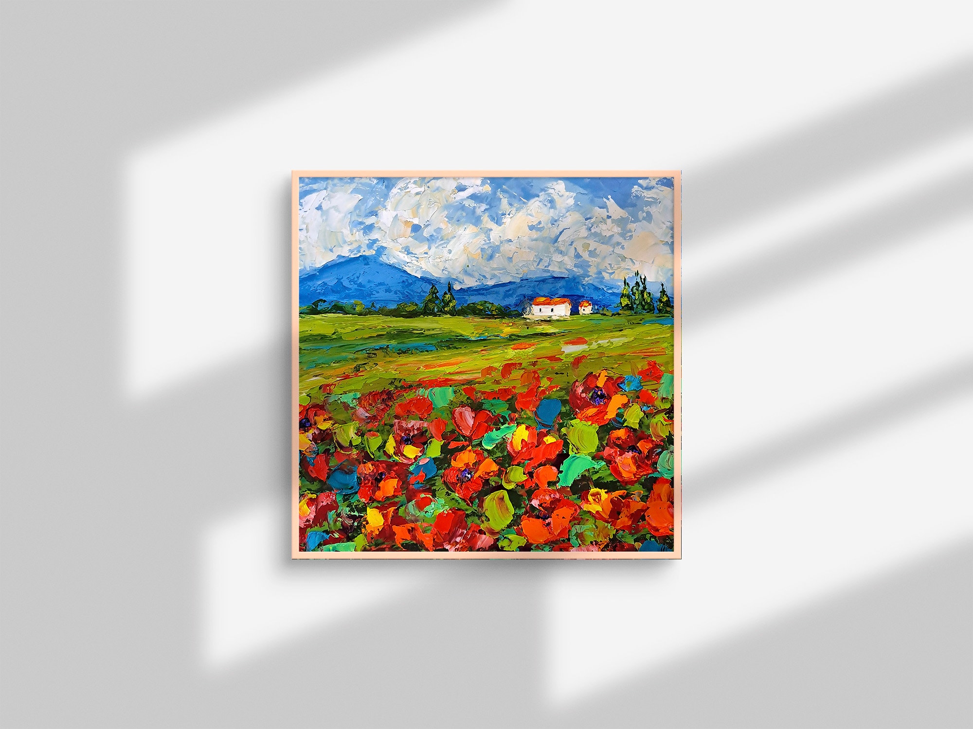 Tuscany Painting Red Poppy Fields Original Art Italy Landscape Impasto ...