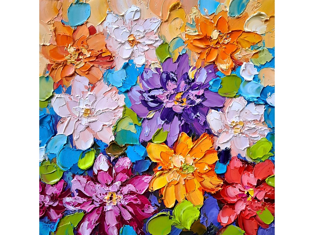Pintura de flores de dalia, flores, obra de arte floral, impasto, obra ...