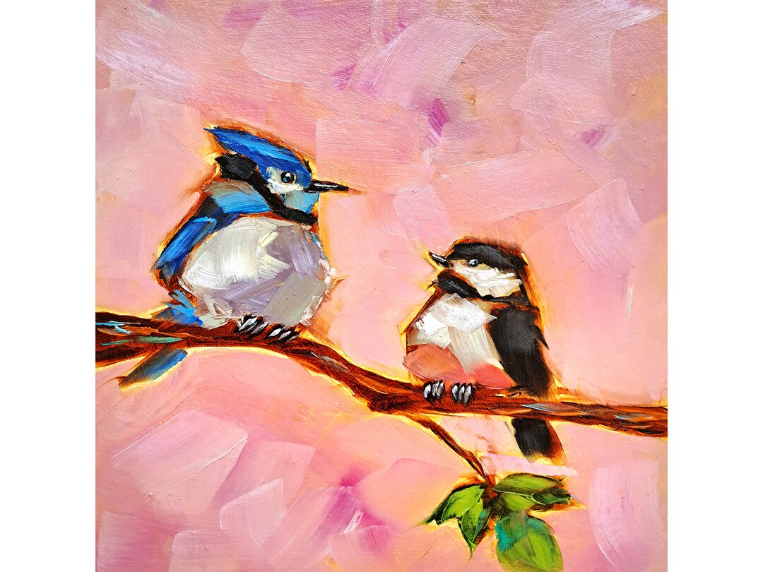 Blue Jay Oil Painting Chickadee Original Art Couple Birds Wall Art ...
