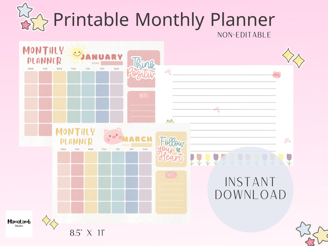 Printable Monthly Planner, Printable Calendar, Positive Affirmation ...