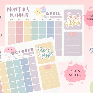 Printable Monthly Planner, Printable Calendar, Positive Affirmation ...