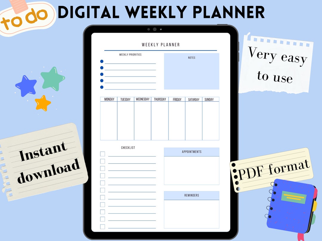 Minimalistic Digital Weekly Planner,simple Blue Activities Tracker ...