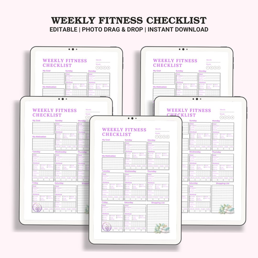 Weekly Fitness Checklist Planner, Health Tracker, Exercise Log, Goal ...