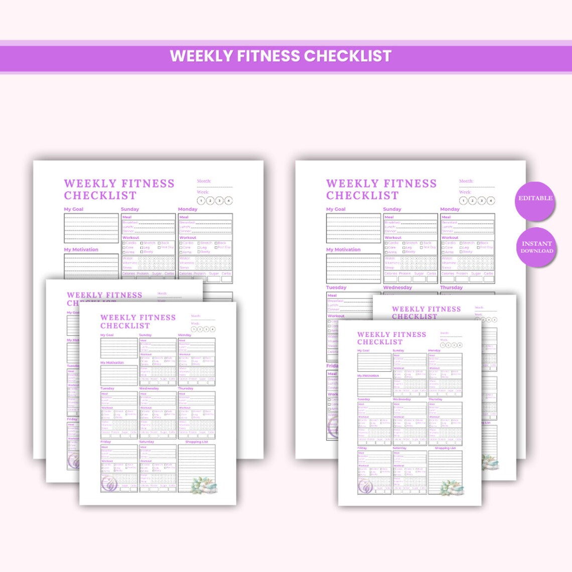 Weekly Fitness Checklist Planner, Health Tracker, Exercise Log, Goal ...
