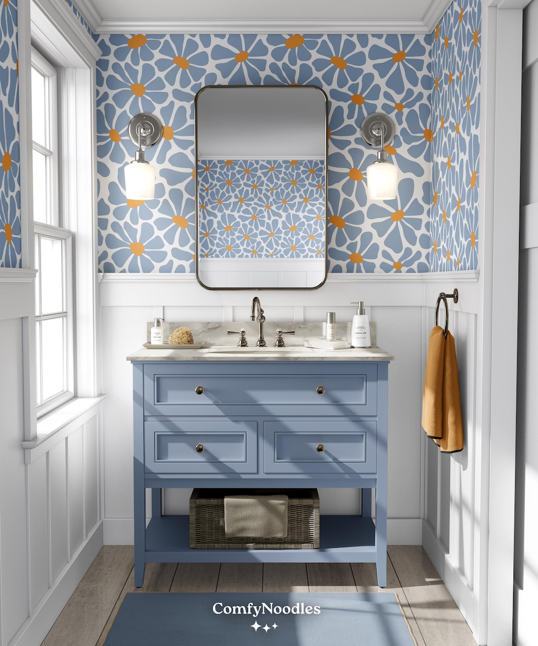 Retro Blue Daisy Wallpaper | Funky Wallpaper for Bathroom | Removable ...