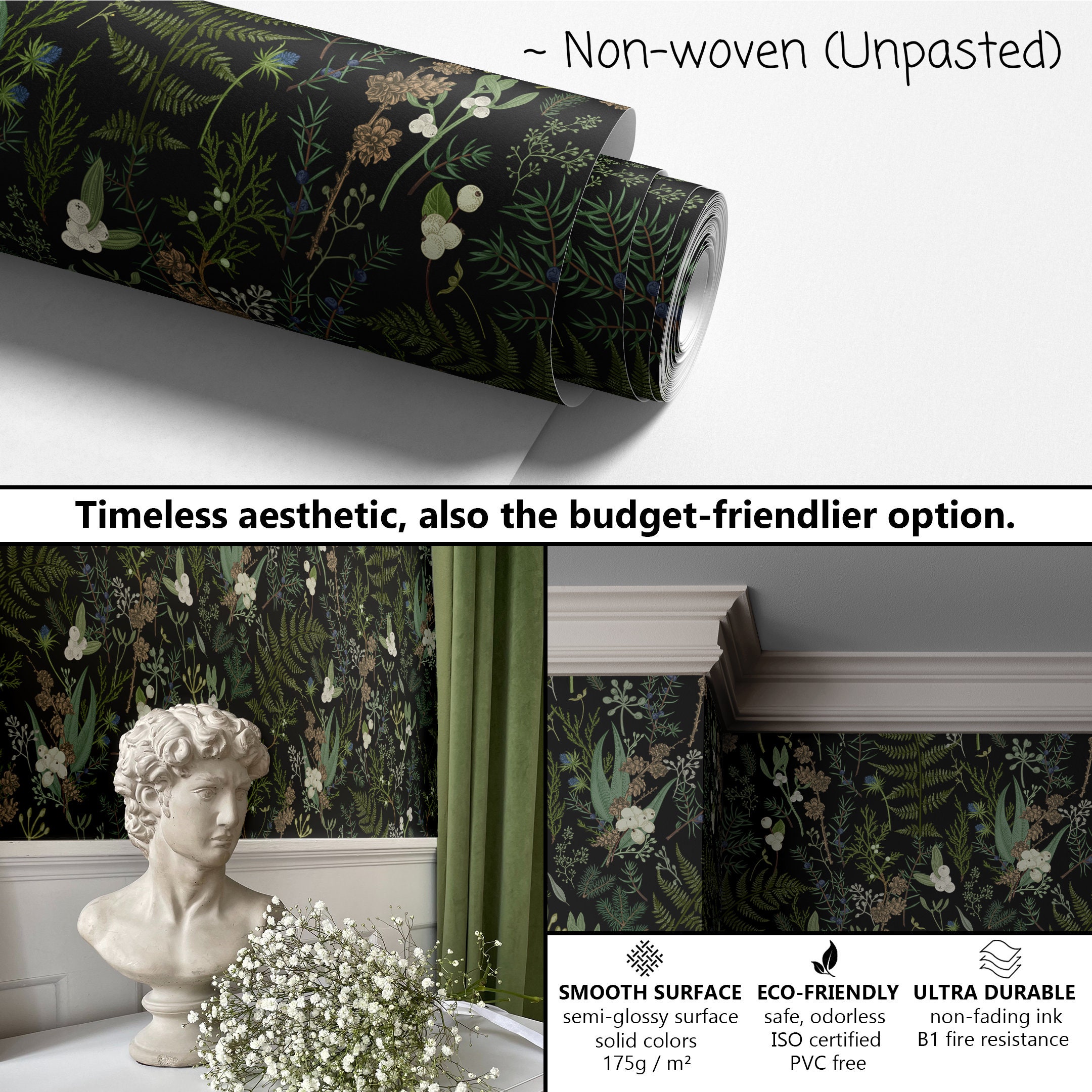 Moody Botanical Wallpaper Dark Green Woodland Bedroom Bathroom ...