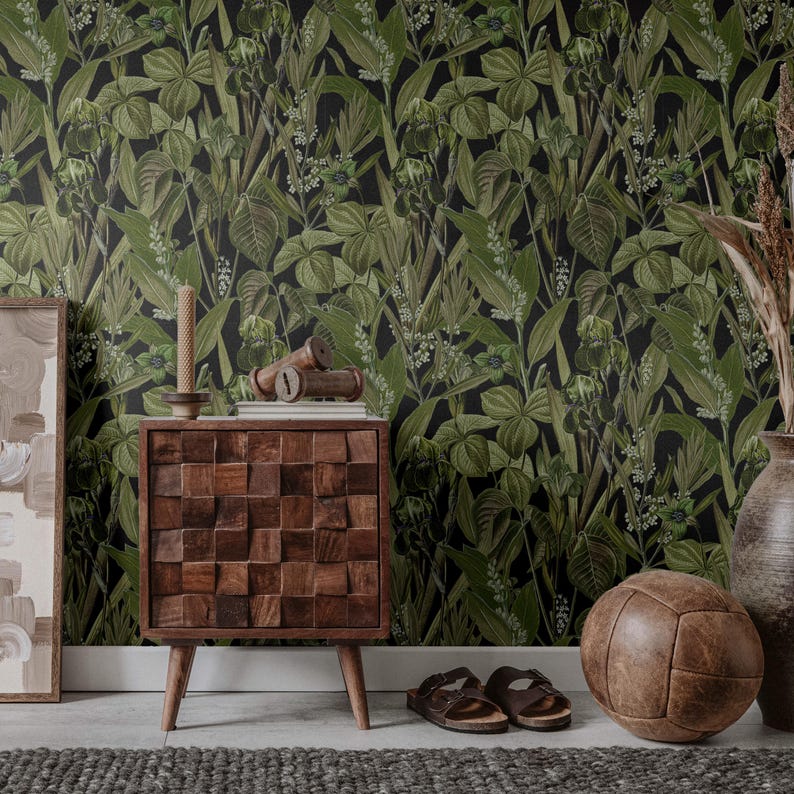 Green Foliage Wallpaper | Moody Botanical Bathroom Bedroom | Peel and ...