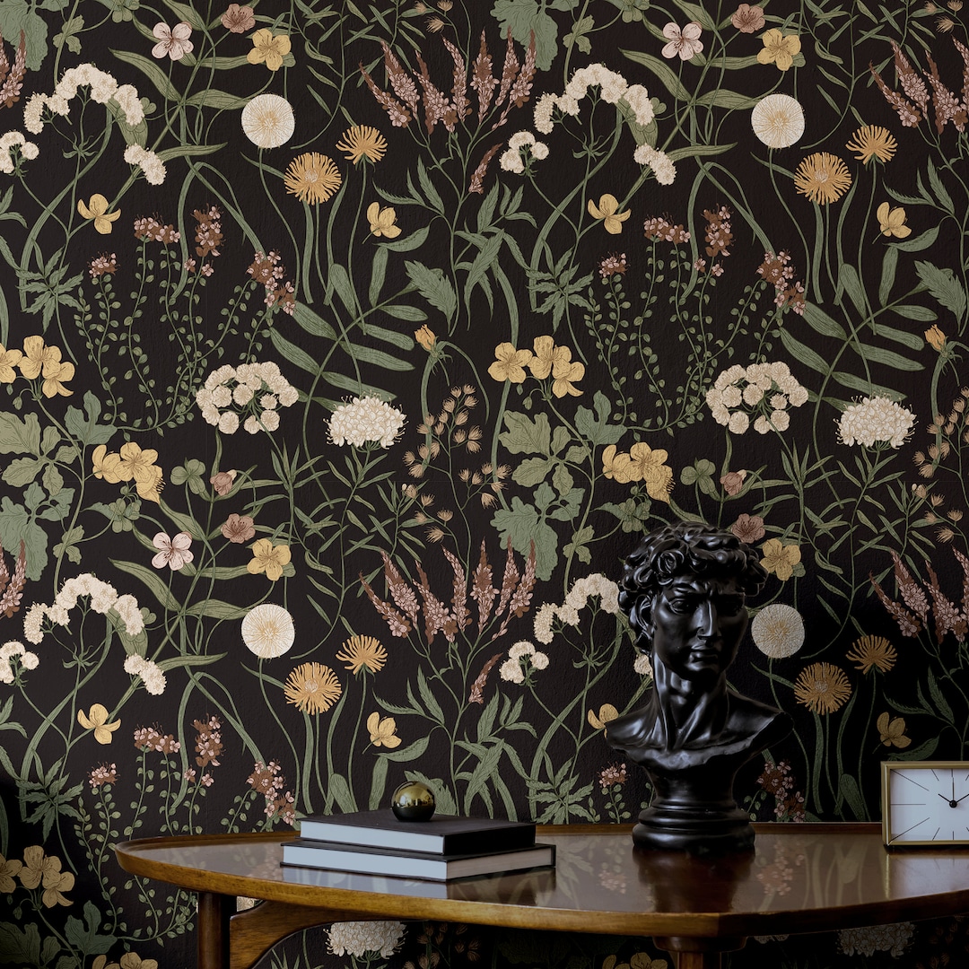 Moody Black Botanical Wallpaper Vintage Wildflower Bedroom Bathroom ...