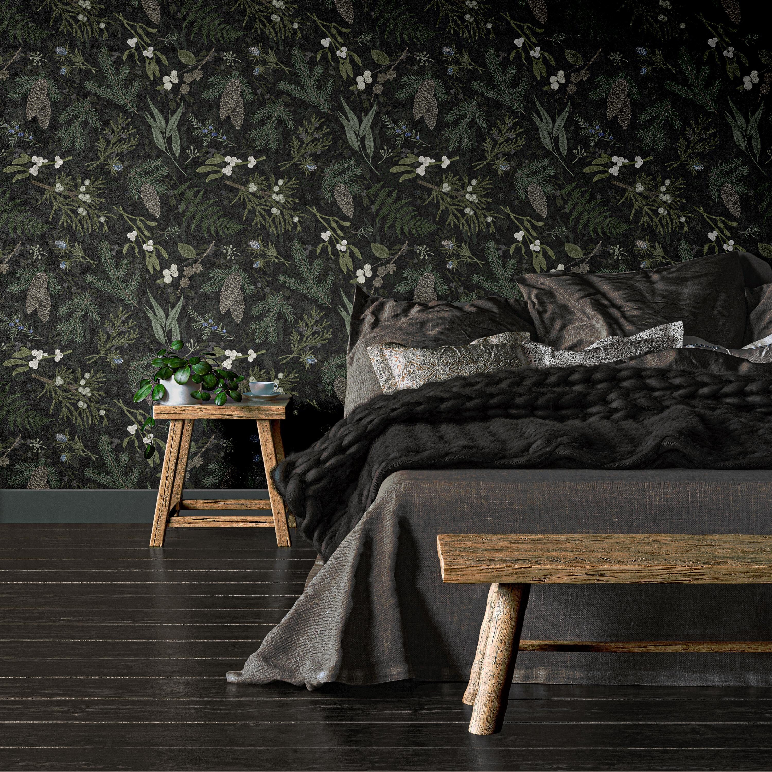 Dark Pine Forest Wallpaper | Vintage Farmhouse Bedroom Bathroom ...