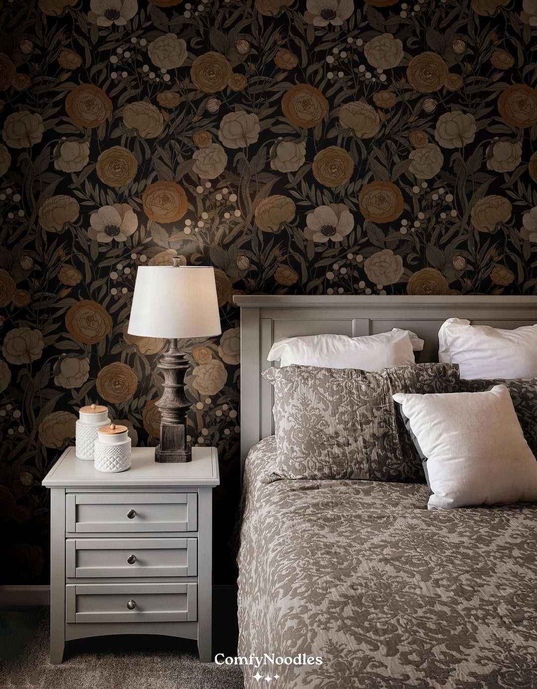 Muted Amber Roses Wallpaper Dark Vintage Botanical Wildflower Bedroom ...