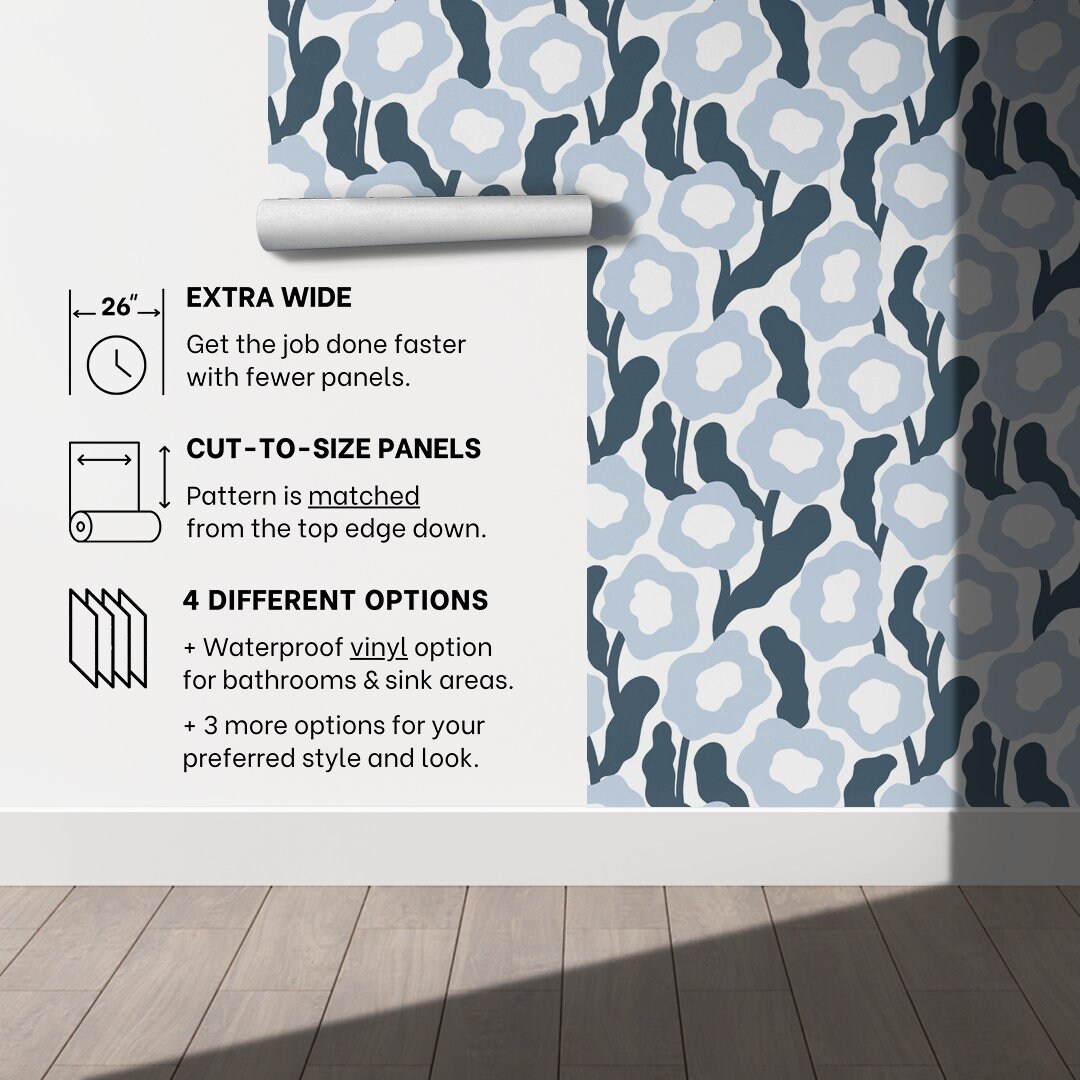 Blue Funky Wallpaper for Bathroom | Removable Peel and Stick Retro ...