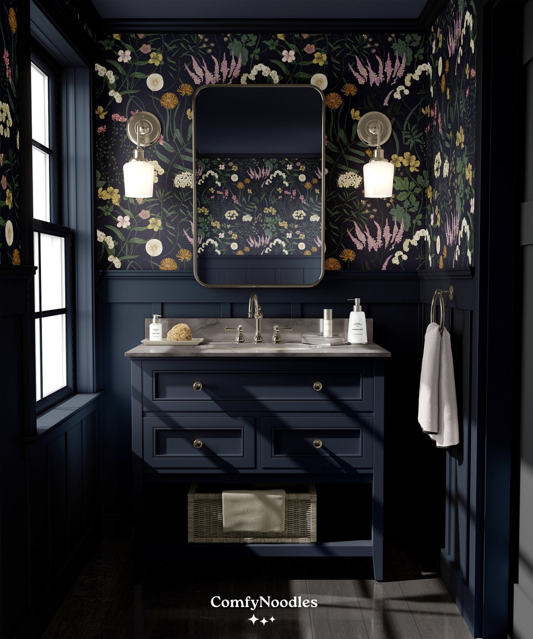 Dark Blue Botanical Wallpaper | Vintage Wildflower Bedroom Bathroom ...