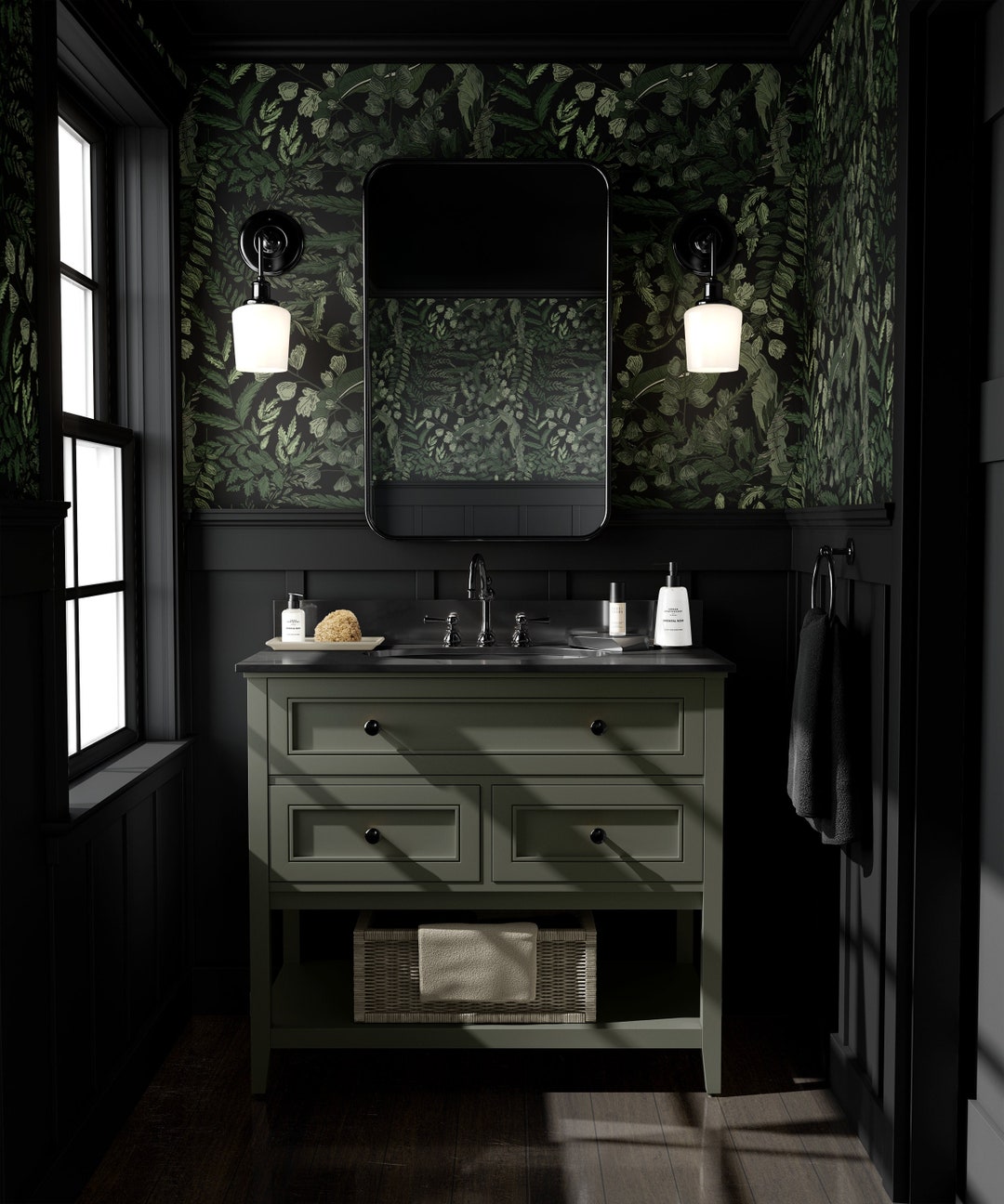 Botanical Dark Green Wallpaper Moody Foliage Bathroom Bedroom Peel and ...