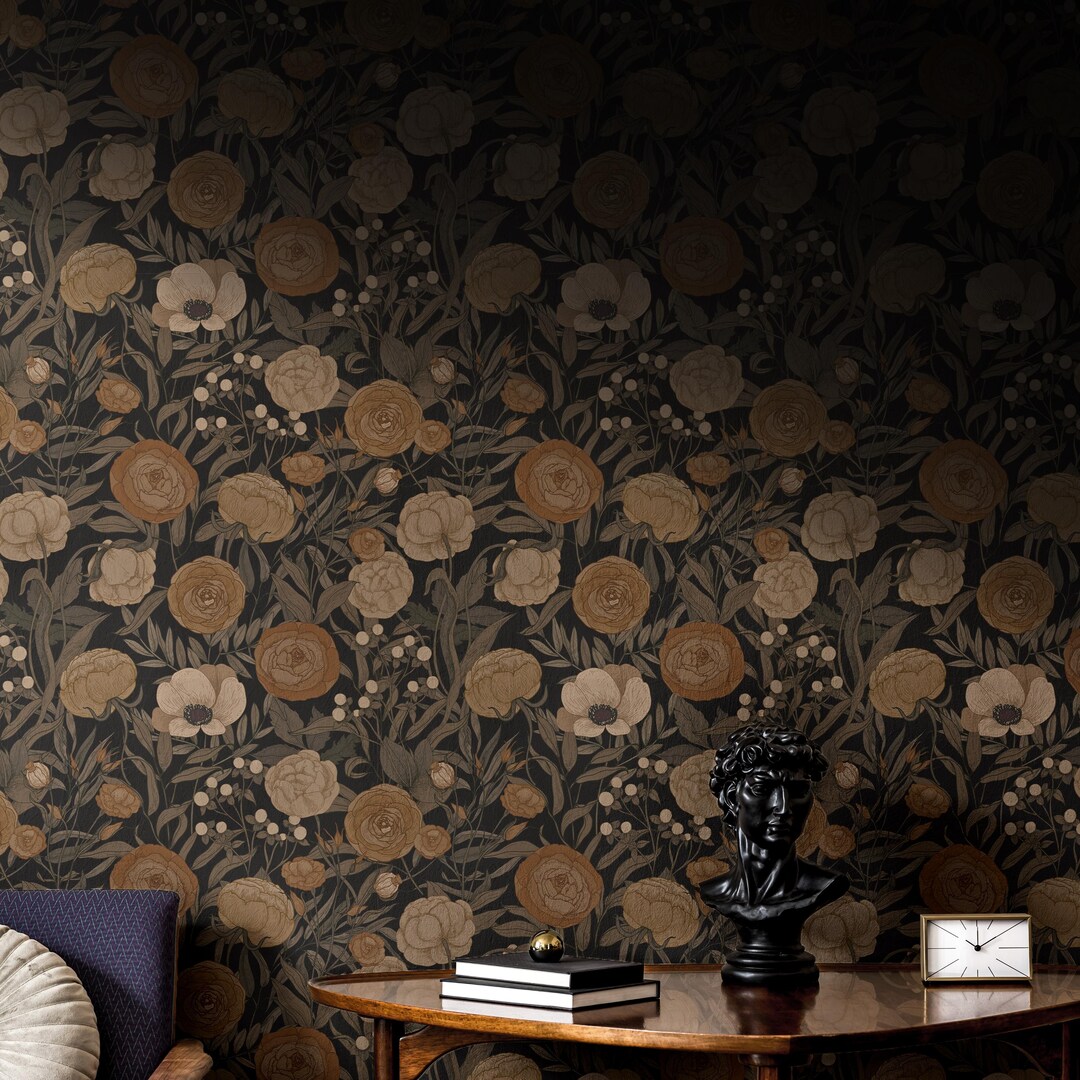 Muted Amber Roses Wallpaper | Dark Vintage Botanical Wildflower Bedroom ...