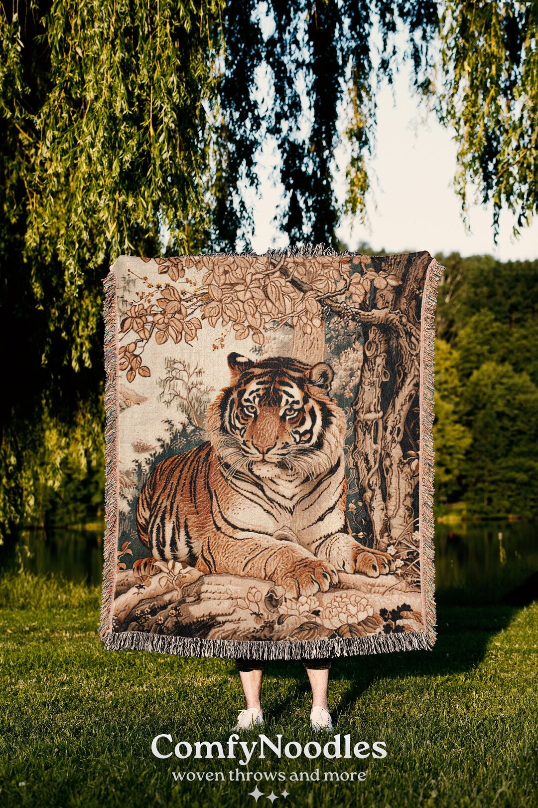Vintage Tiger Woven Blanket | Old Neutral Tan Forest Aesthetic Country ...