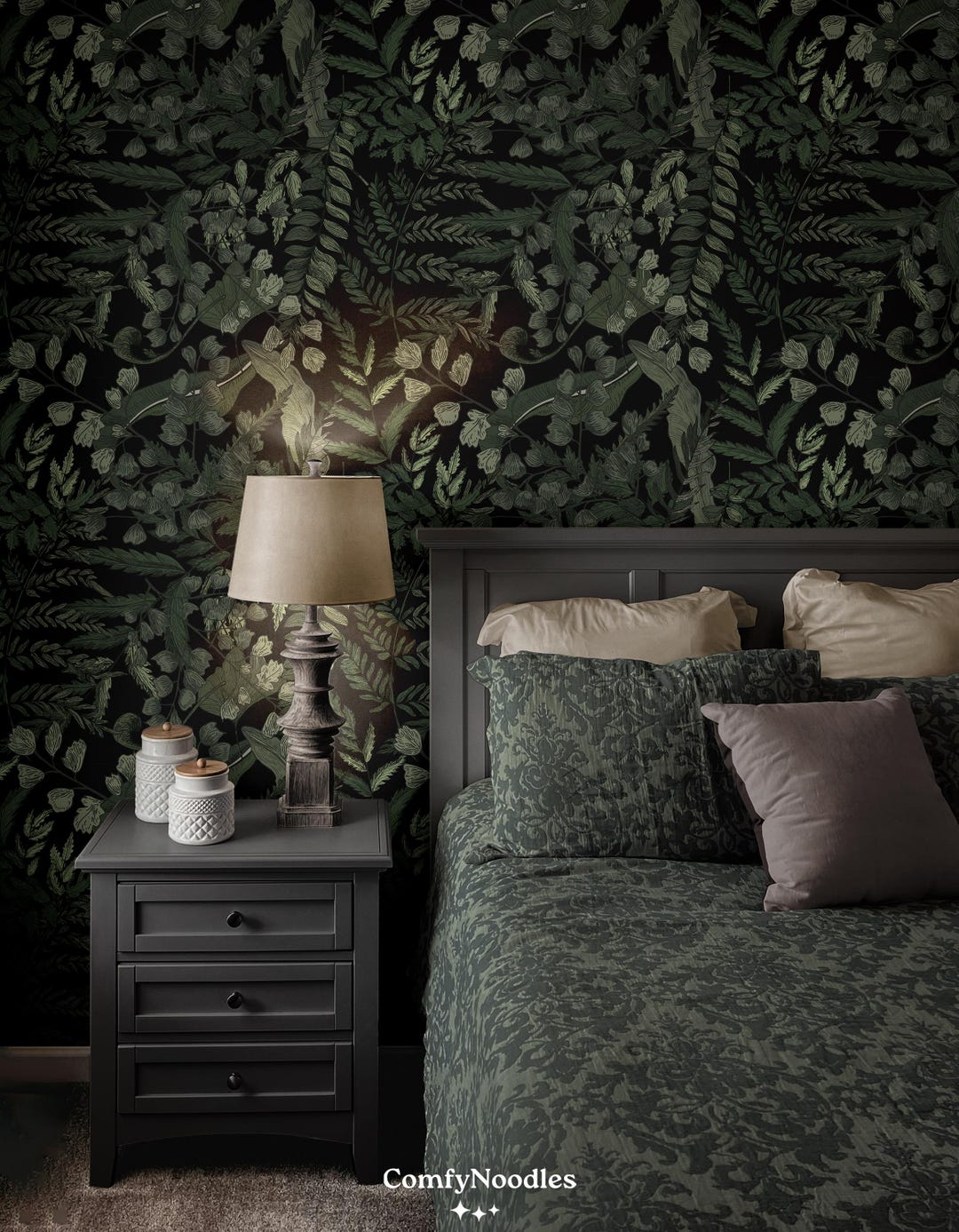 Botanical Dark Green Wallpaper | Moody Foliage Bathroom Bedroom | Peel ...
