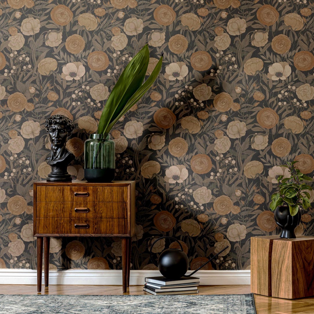 Muted Amber Roses Wallpaper | Dark Vintage Botanical Wildflower Bedroom ...