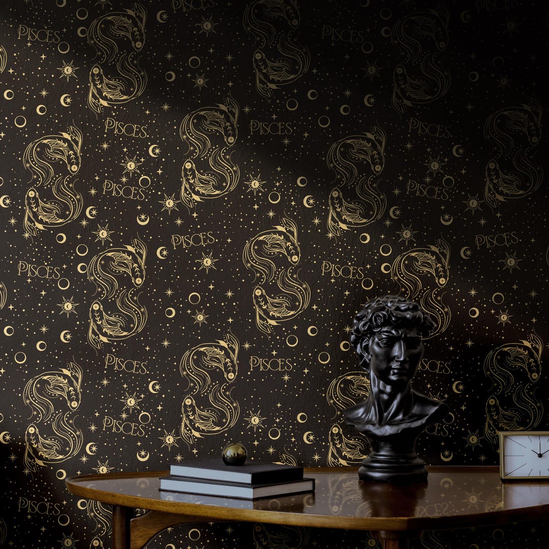 Pisces Zodiac Wallpaper | Moody Black Bedroom Bathroom | Removable Peel ...