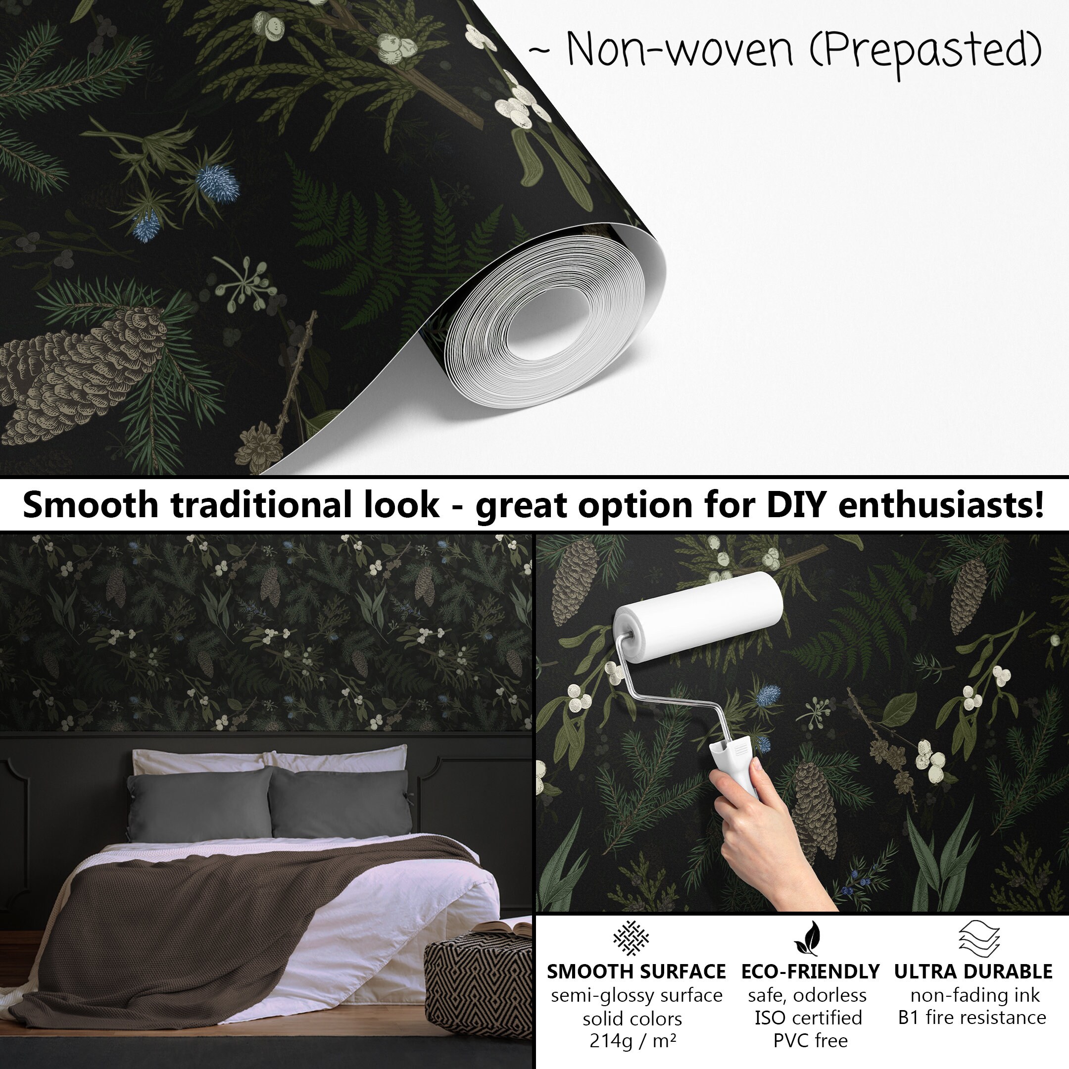 Dark Pine Forest Wallpaper | Vintage Farmhouse Bedroom Bathroom ...