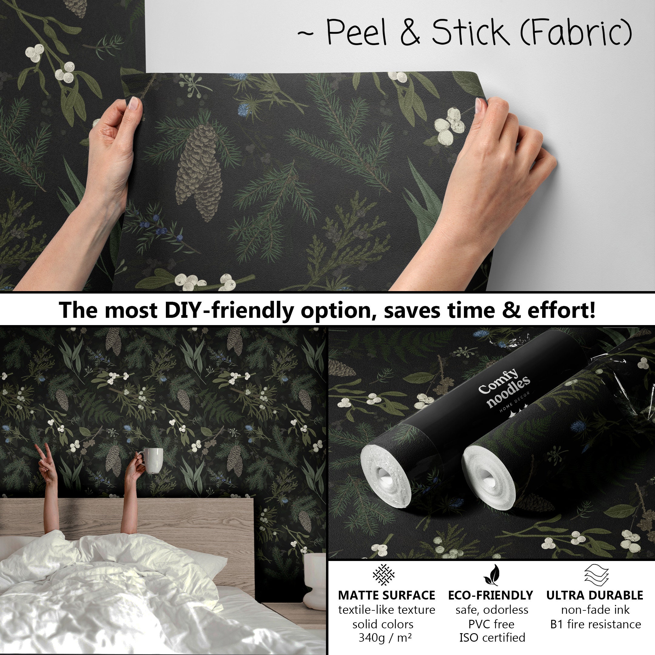 Dark Pine Forest Wallpaper | Vintage Farmhouse Bedroom Bathroom ...