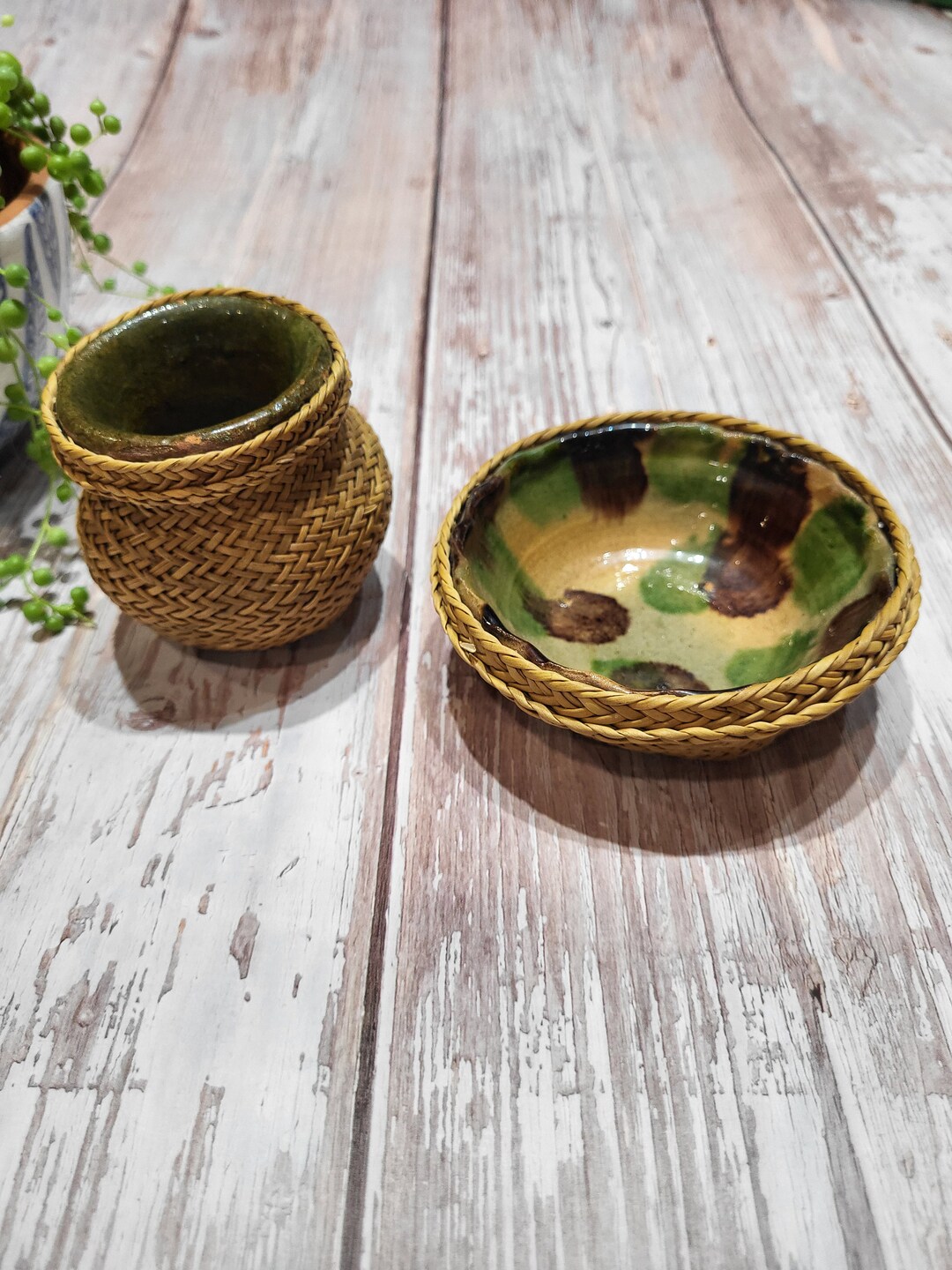 Green Glazed Stoneware in Woven Basket/ Stoneware Trinket - Etsy
