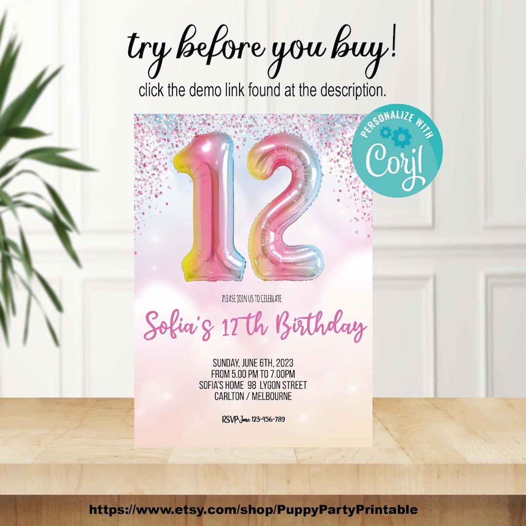 Editable 12th Birthday Invitation Glitter Birthday Party Invite Rainbow ...
