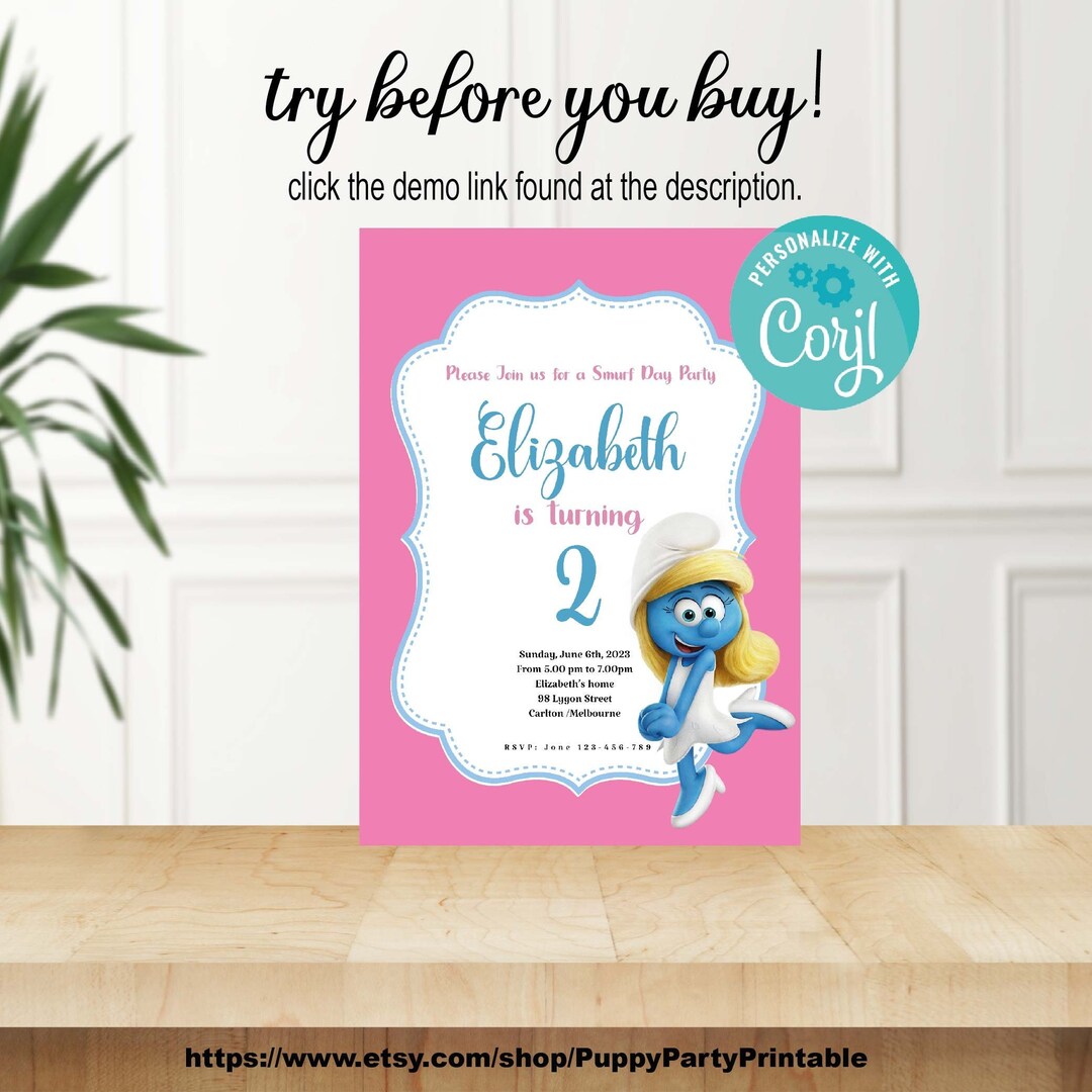 Smurf Birthday Invitation , Smurfette Instant Download Editable ...