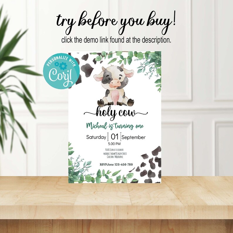 Editable Cow Theme Birthday Party Invitation, Holy Cow Invite, Farm Cow ...