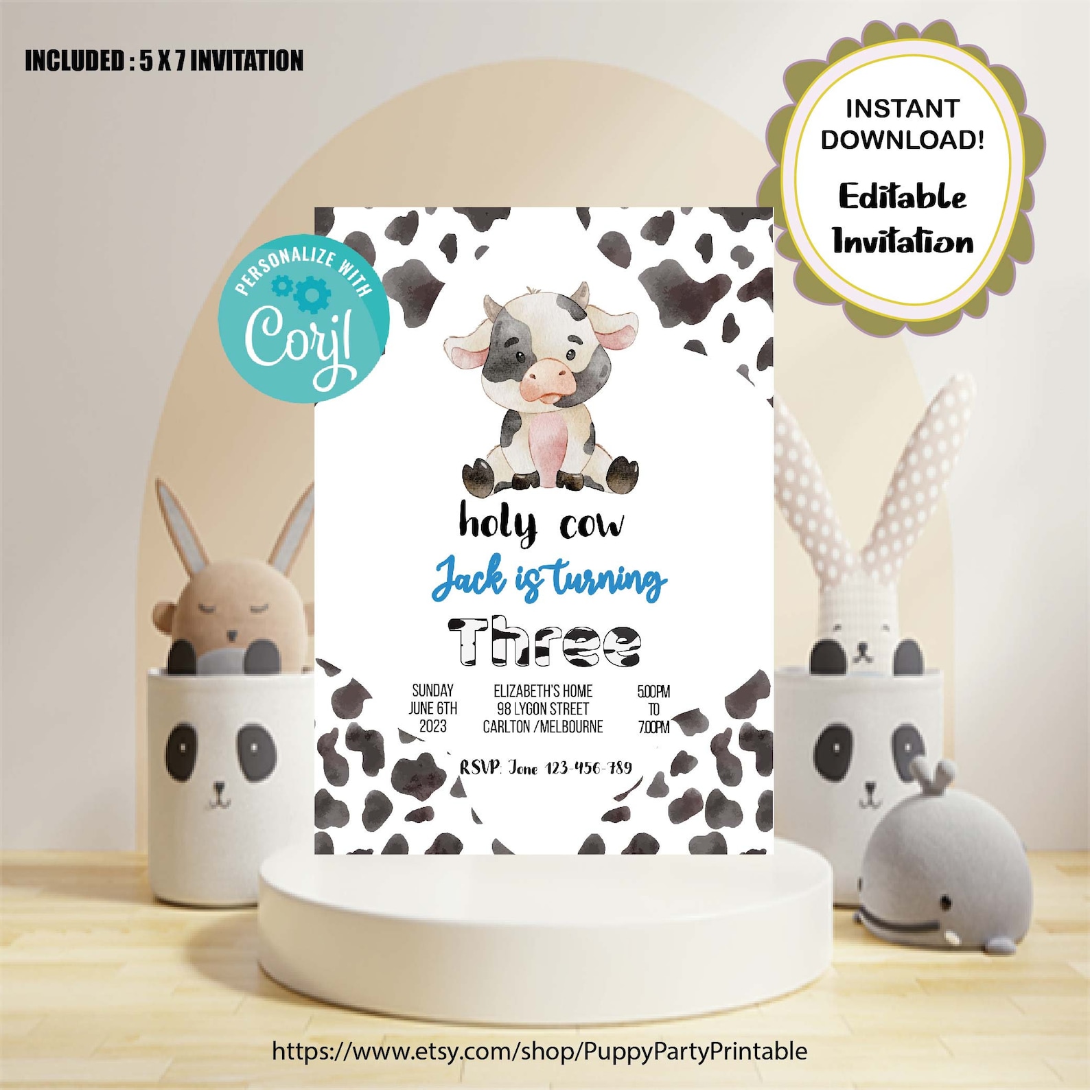 Editable Cow Theme Birthday Party Invitation, Holy Cow Invite, Farm Cow ...