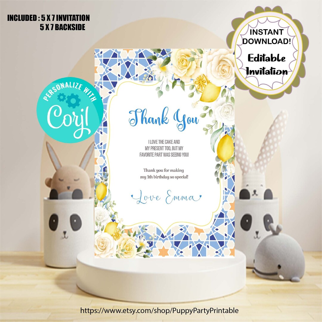 Editable Lemon Thank You Card, Lemon Birthday Note Card, Lemon Party ...